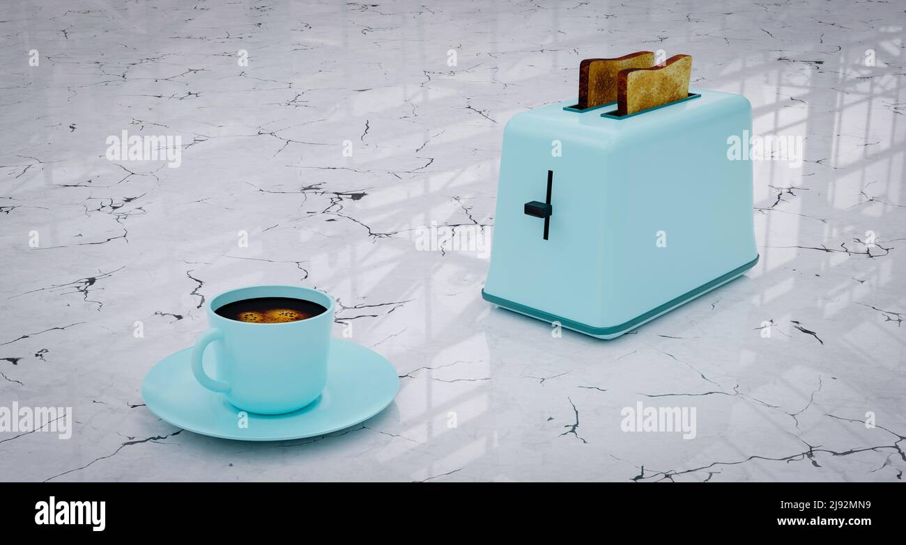 Blue coffee cup and toaster on shiny white marble counter top. 3d ...