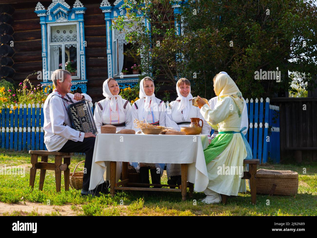 Actors showing open air theatrical performance in Ethnographic Museum ...