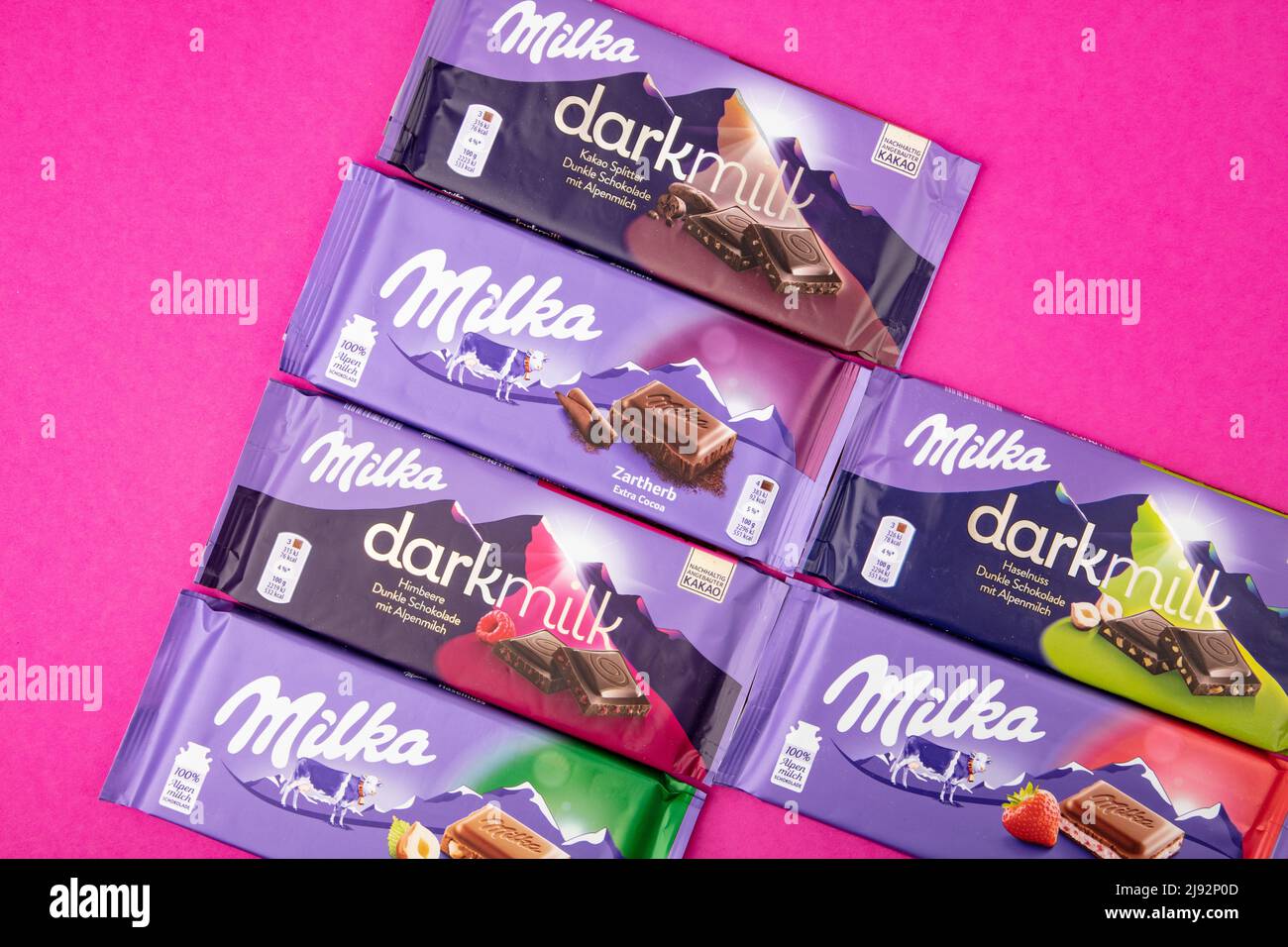 WETZLAR; GERMANY - 2022-04-11: Milka chocolate bar on purple background ...