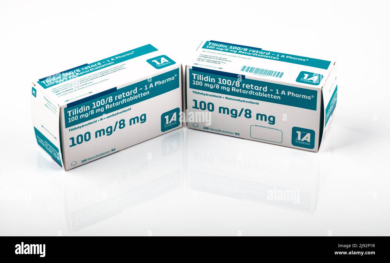 WETZLAR, GERMANY 2022-04-21: Boxes of TILIDIN Painkiller Medicine ...