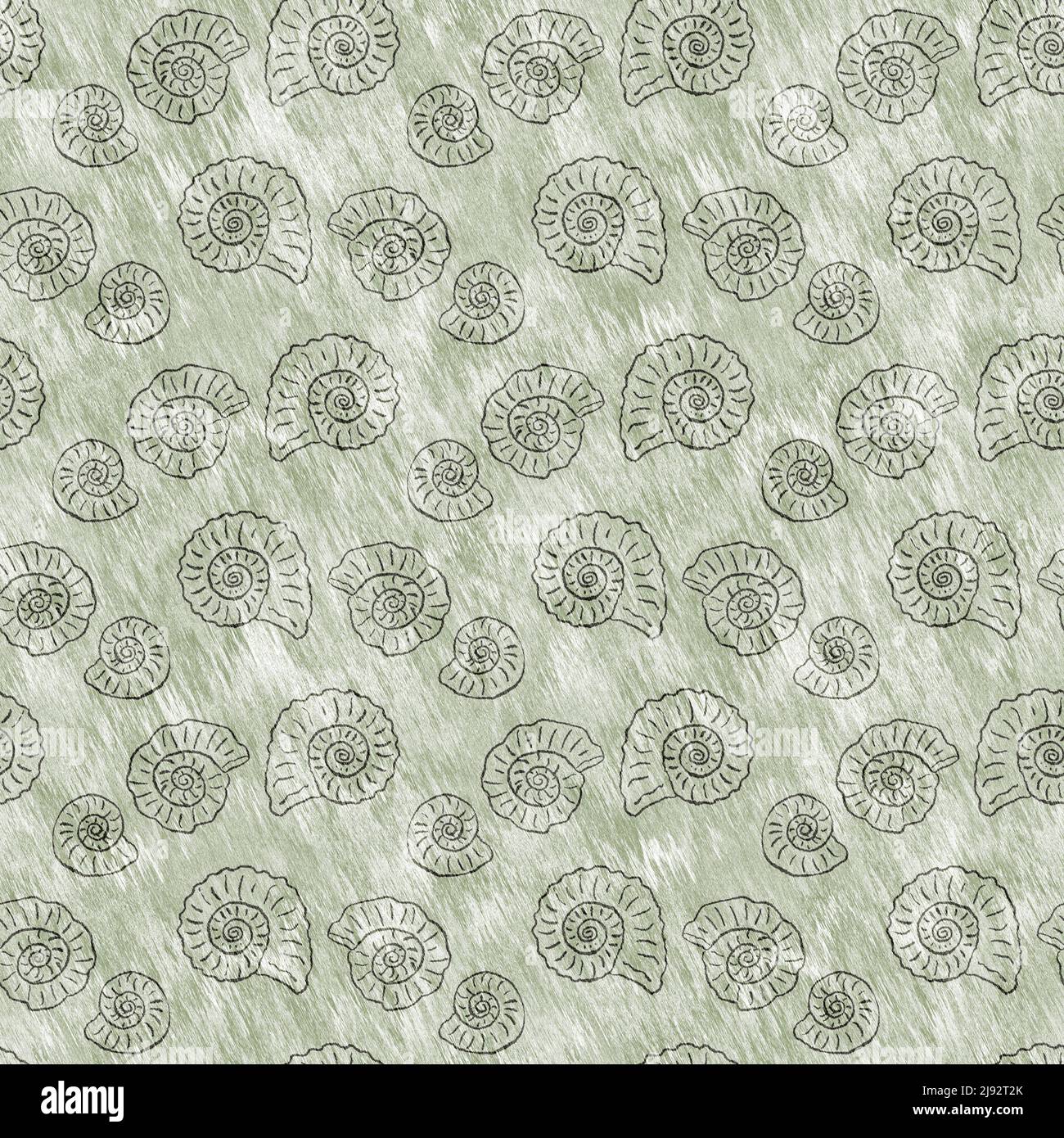 Green hand drawn ammonite fossil seamless pattern. Gender Neutral ...