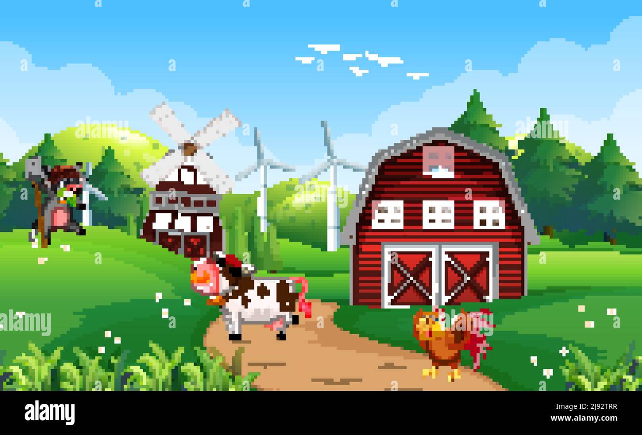 Farm scene with animals in the field illustration Stock Vector Image ...