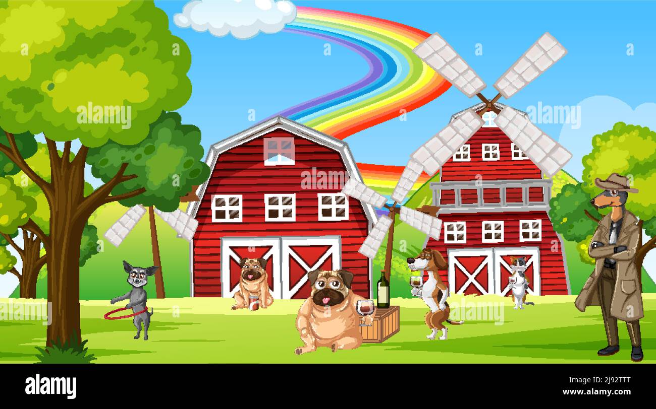 Outdoor farm scene with cartoon dogs illustration Stock Vector Image ...