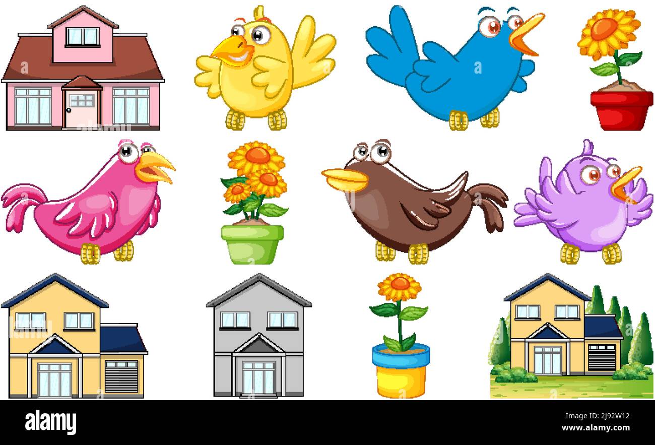 Set with houses and colorful birds illustration Stock Vector Image ...