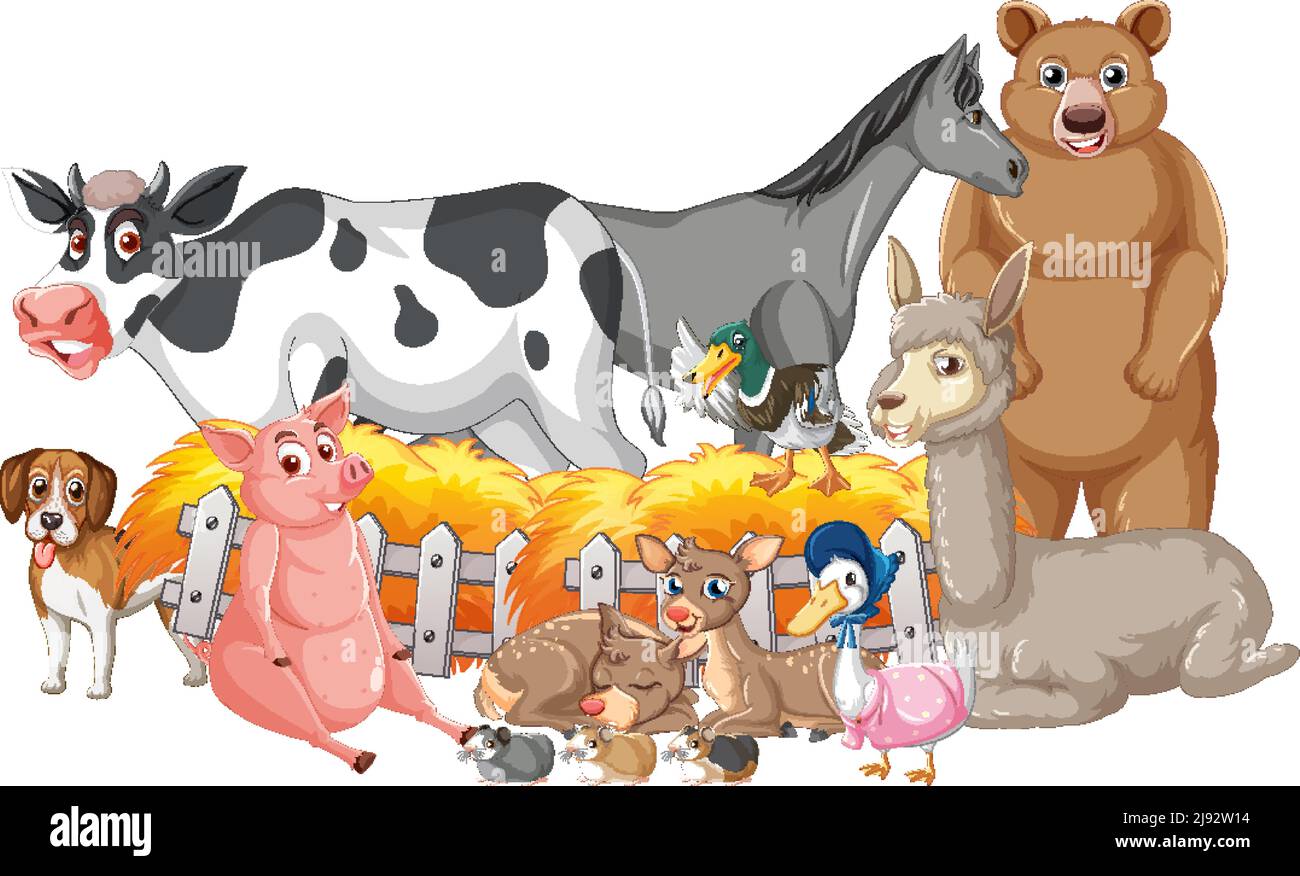 Different types of farm animals by the fence illustration Stock Vector ...