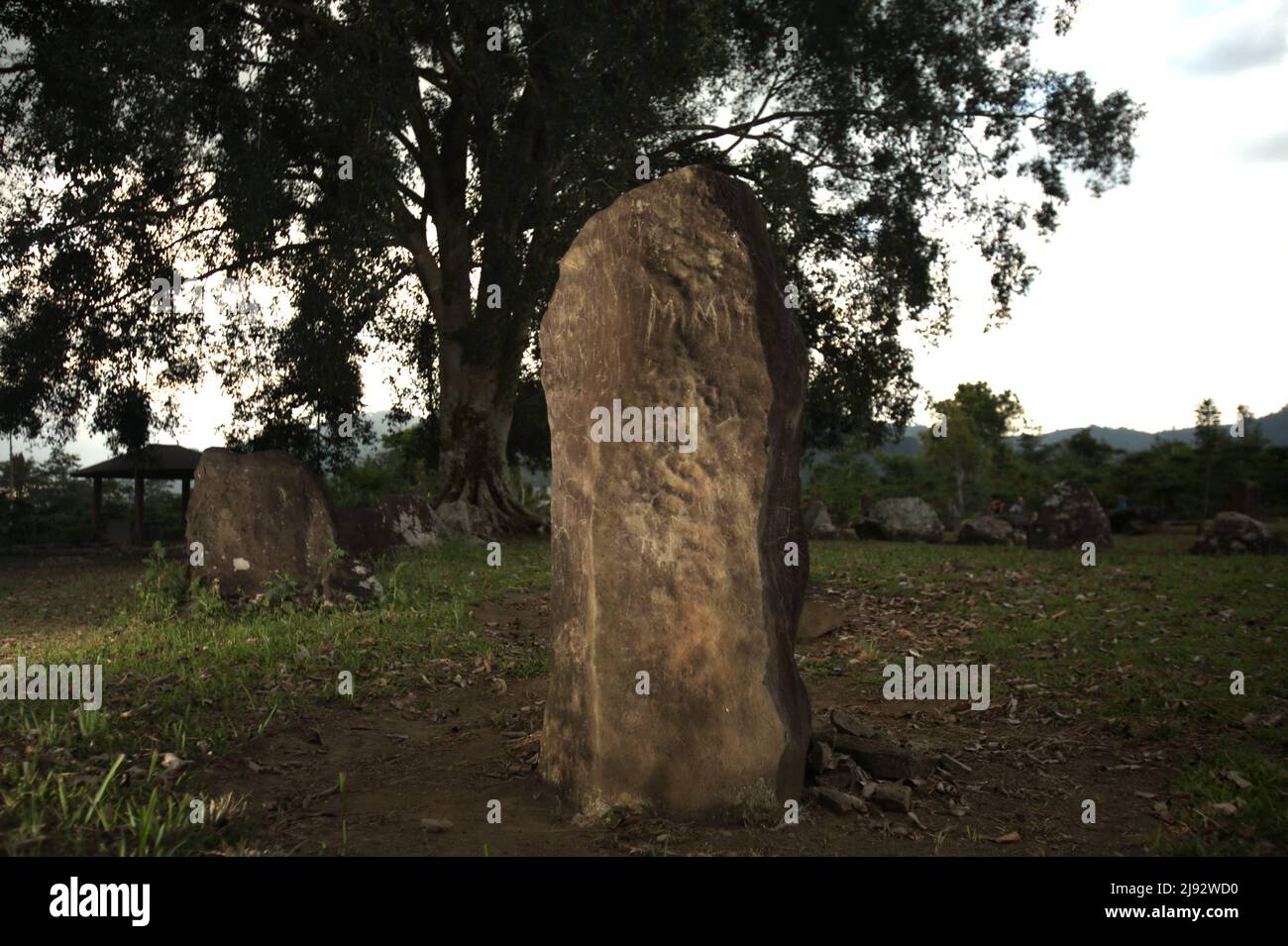 A megalithic menhir at one of Sekala Brak megalithic sites in Purajaya ...