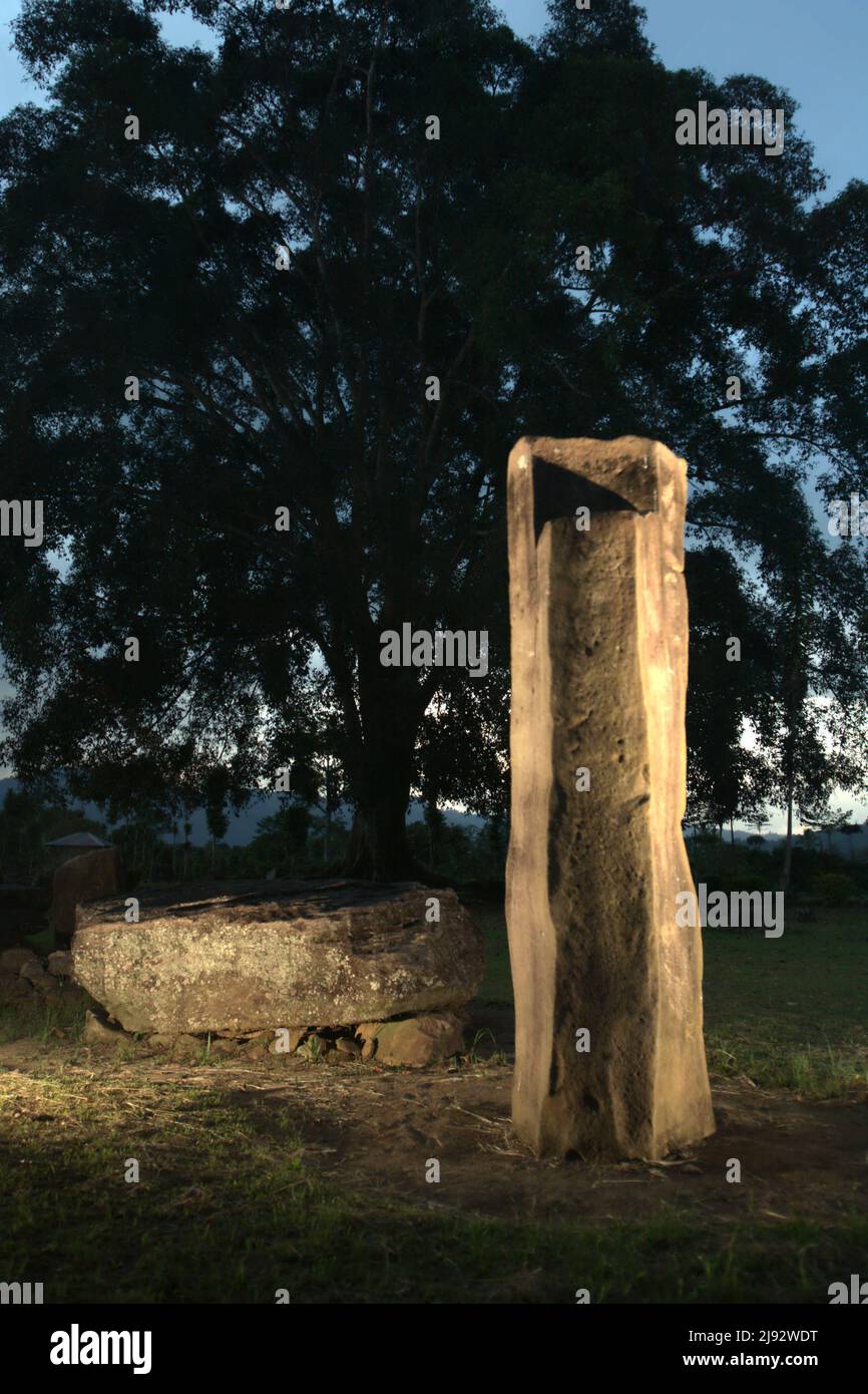 A megalithic menhir at one of Sekala Brak megalithic sites in Purajaya ...