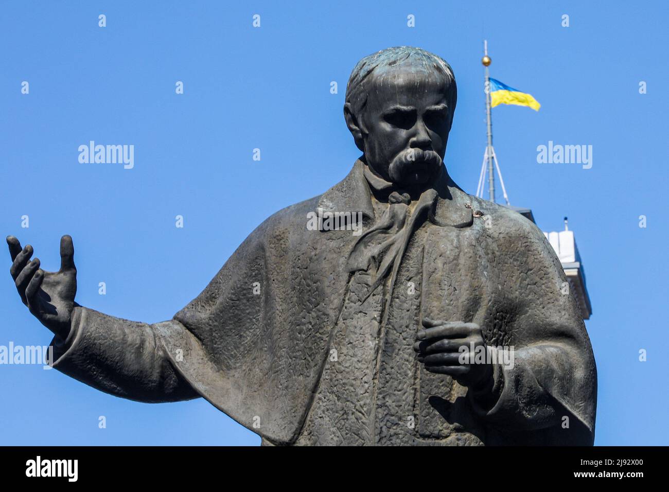 Ukraine flag adorned with messages seen at the Taras Shevchenko ...
