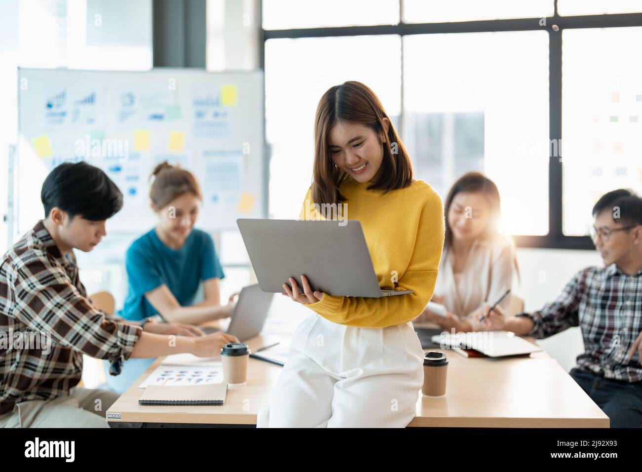 Group of asian young creative happy enjoy laugh smile and great success ...