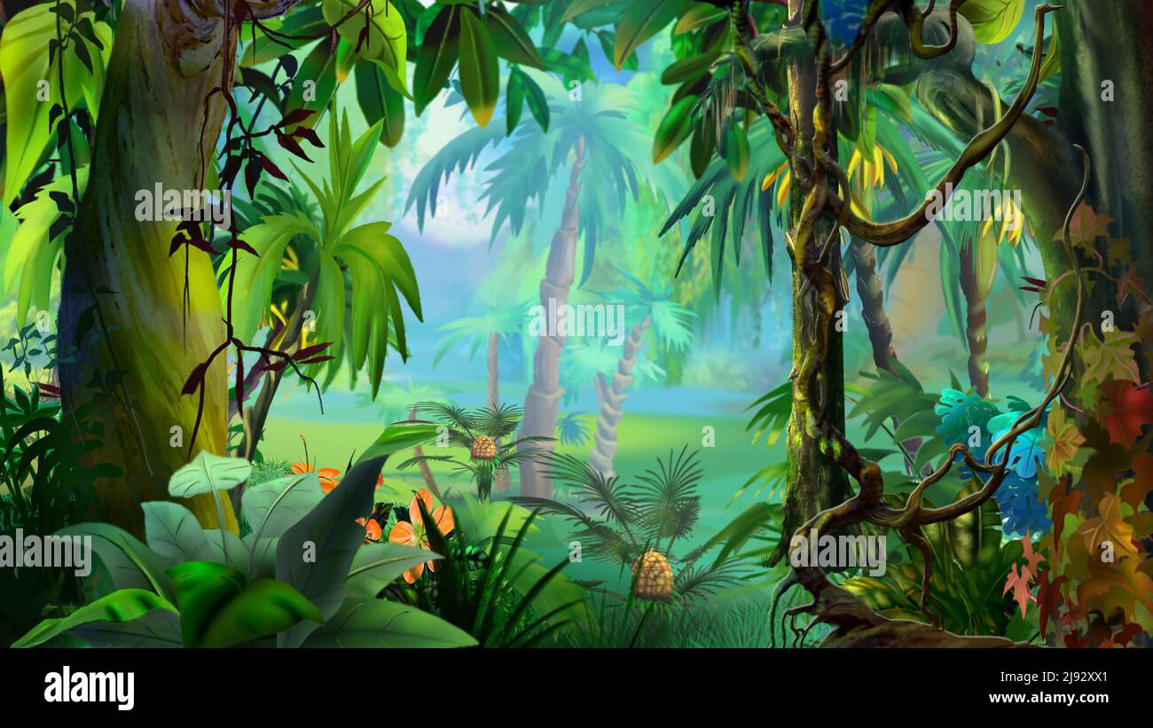Colorful tropical Plants in the rainforest. Digital Painting Background ...