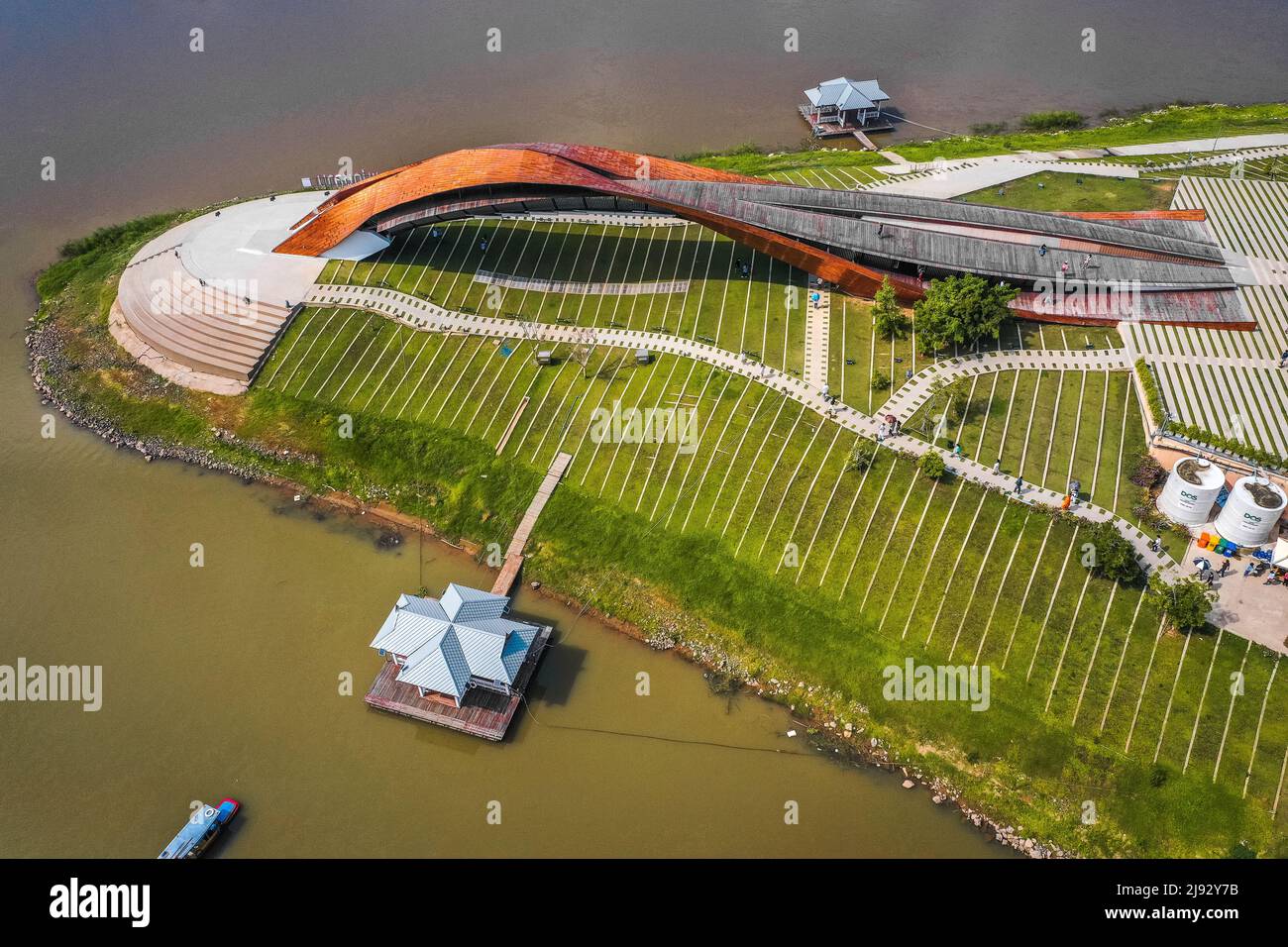 Aerial view of Pa San bridge (or Pasan bridge) on the Chao Phraya River ...