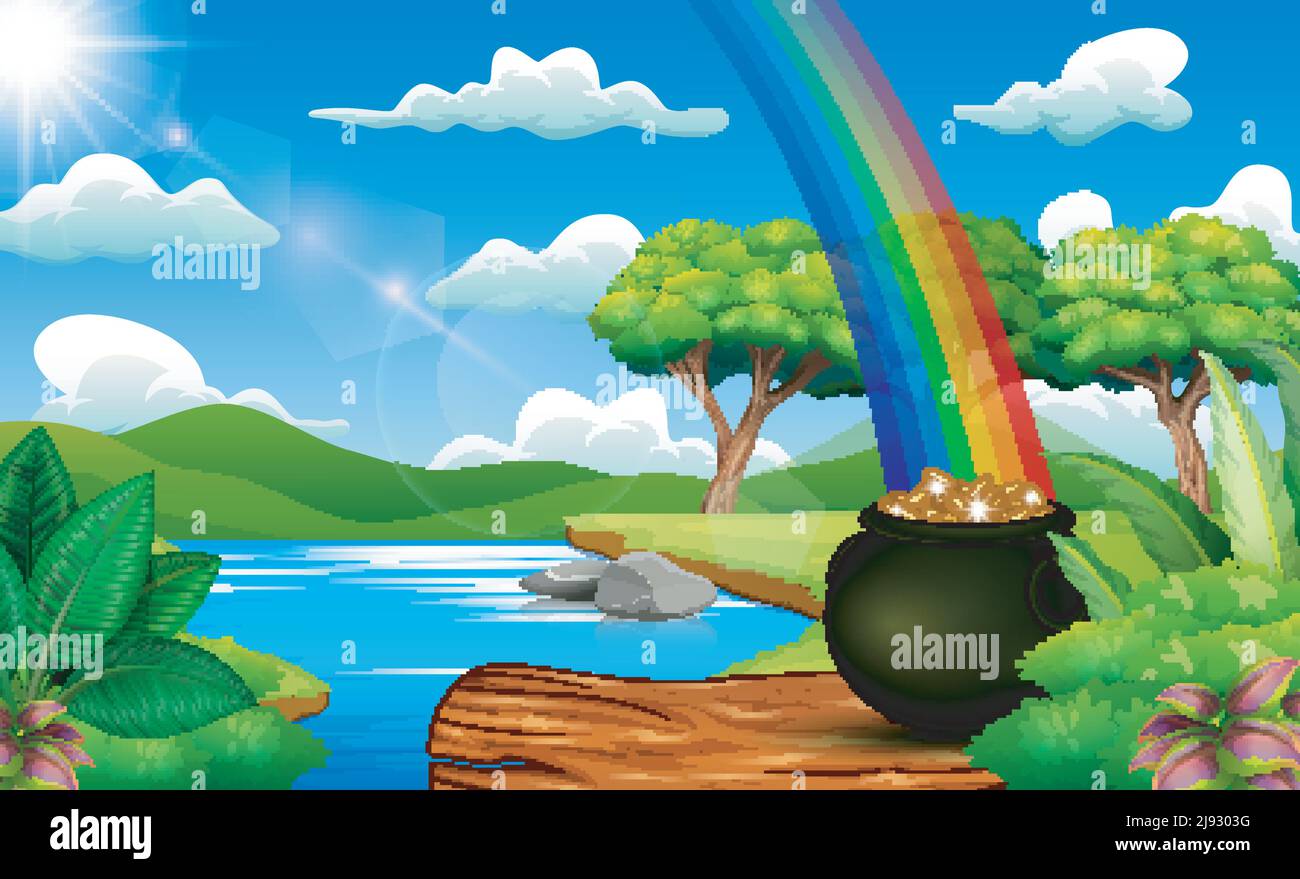 St Patrick's day nature landscape with a pot of gold and rainbow Stock ...