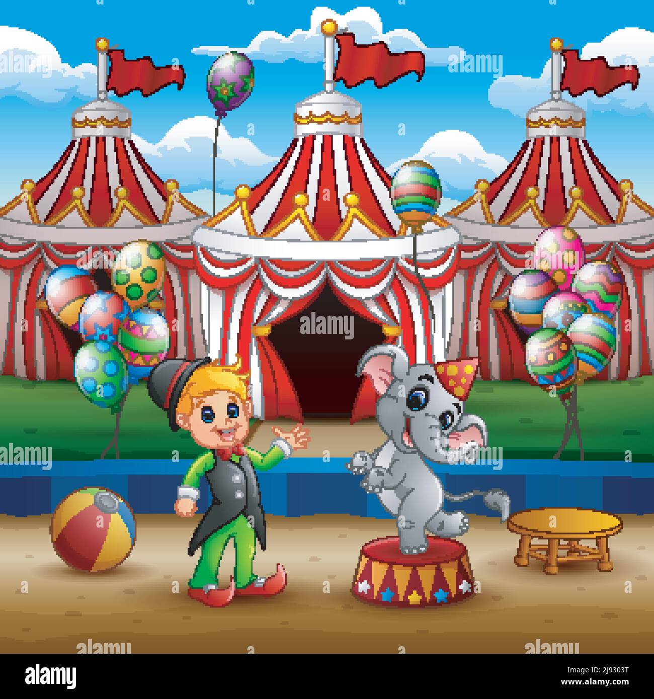 Circus elephant and trainer on the arena with circus tent background ...
