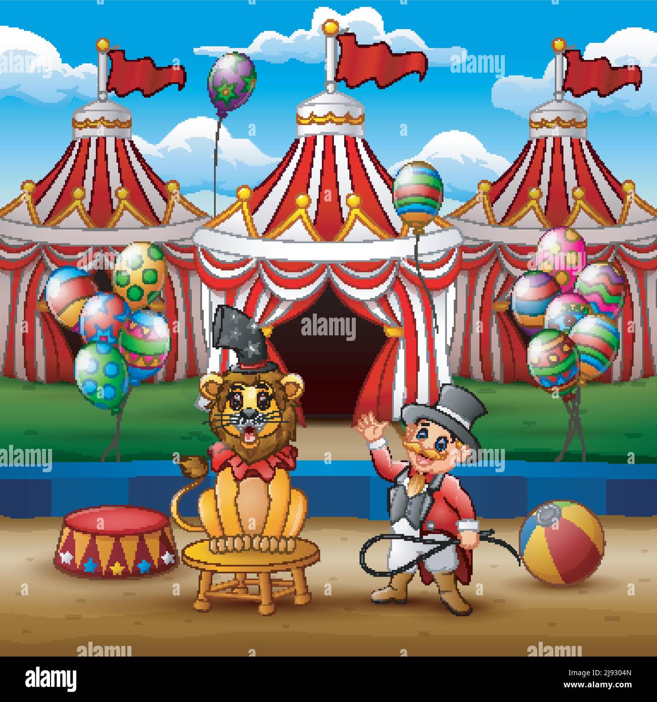 Circus trainer performs a trick along with a lion at the arena Stock ...