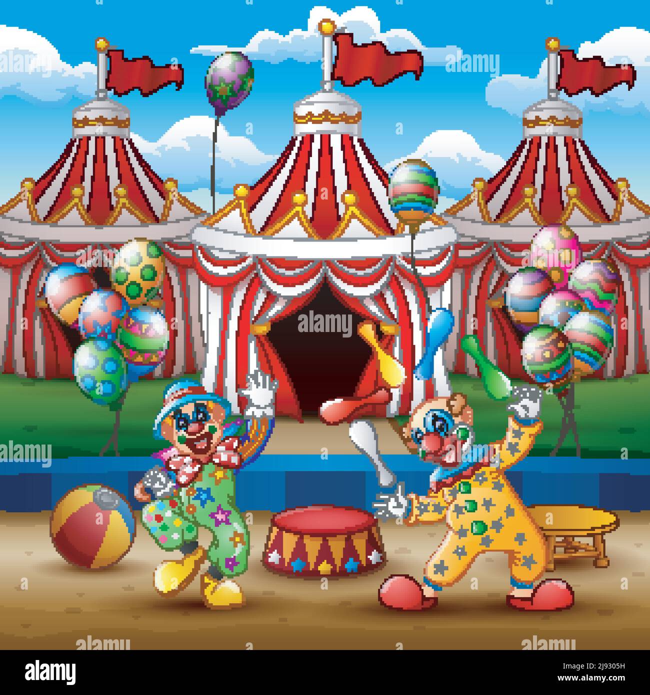 Cartoon clown show and acrobat performance at the arena Stock Vector ...