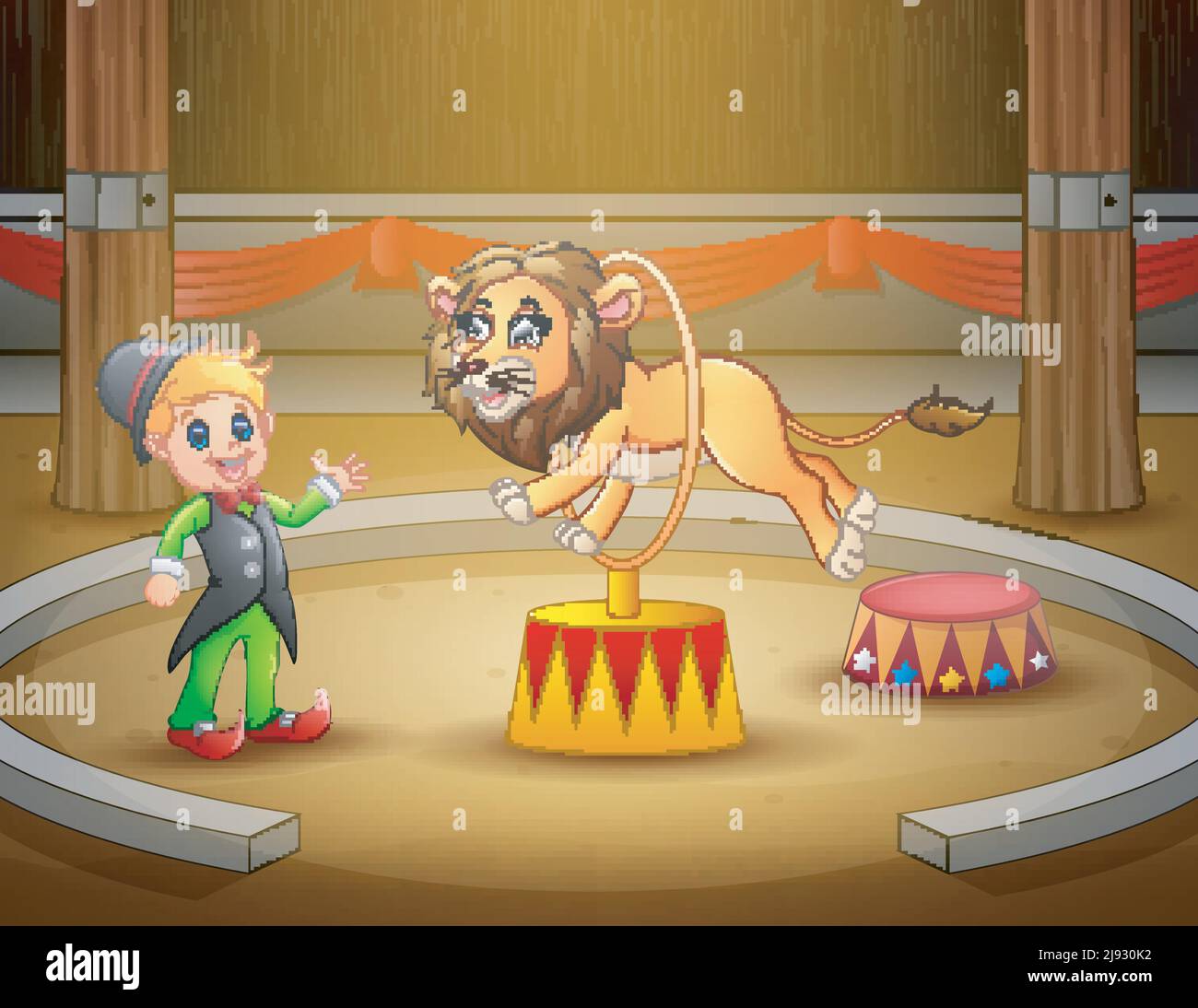 Circus trainer performs a trick along with lion in arena Stock Vector ...