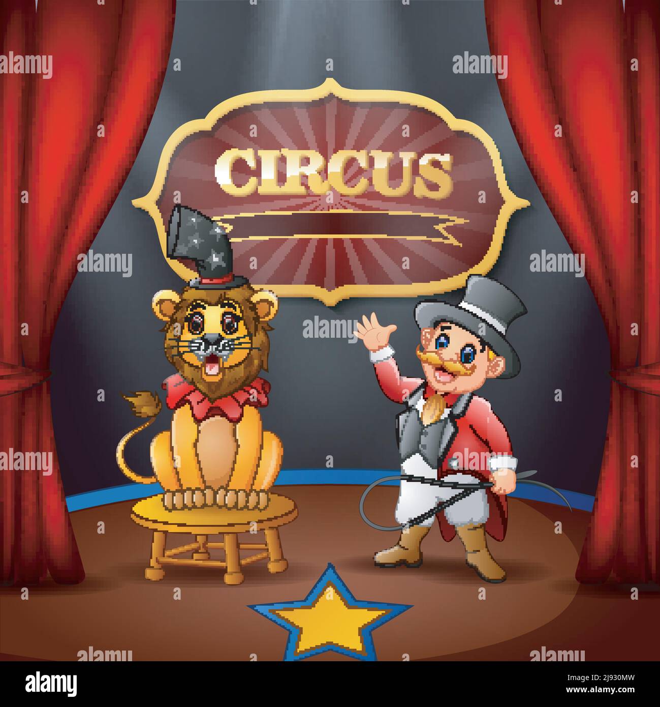 Cartoon ringmaster and a lion on the circus stage Stock Vector Image ...