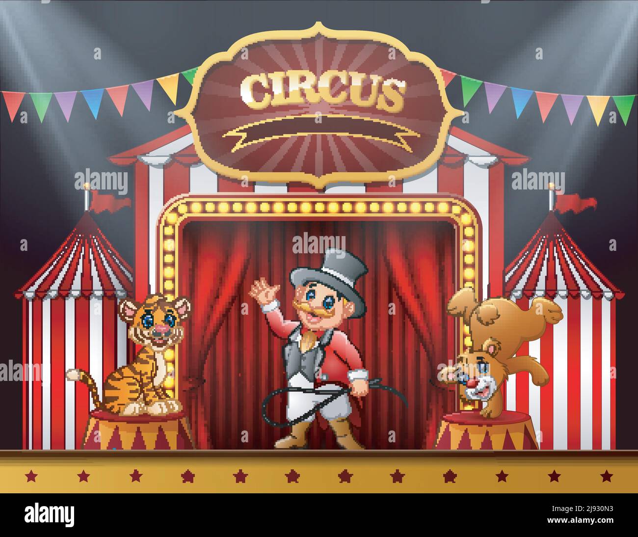Cartoon ringmaster and many animal performance on the stage Stock ...