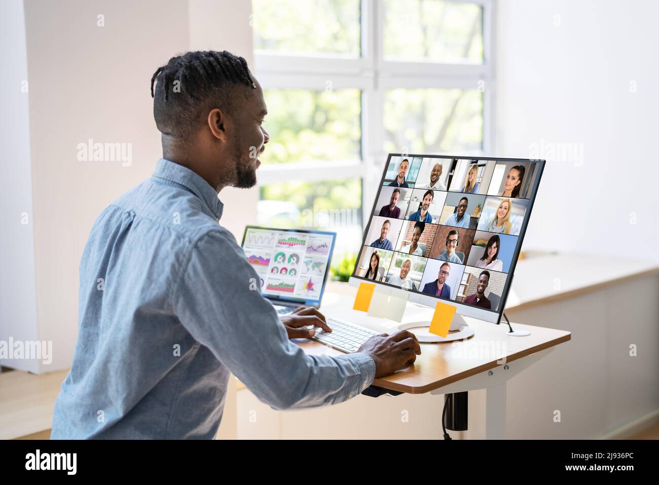 Online Video Conference Virtual Meeting On Multiple Screens Stock Photo ...