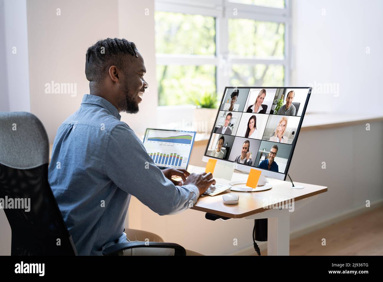 Online Video Conference Virtual Meeting On Multiple Screens Stock Photo ...