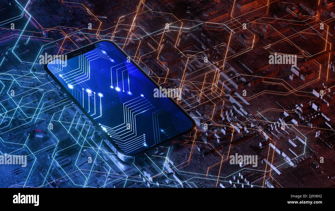 3d render of modern smartphone in a futuristic technological circuit ...