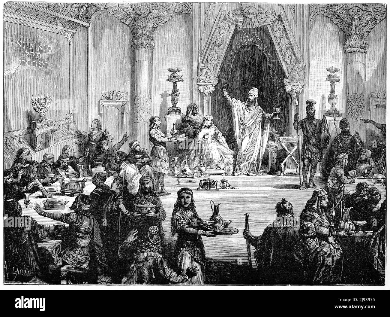 Engraving of a message from God appearing on the wall of Belshazzar's ...
