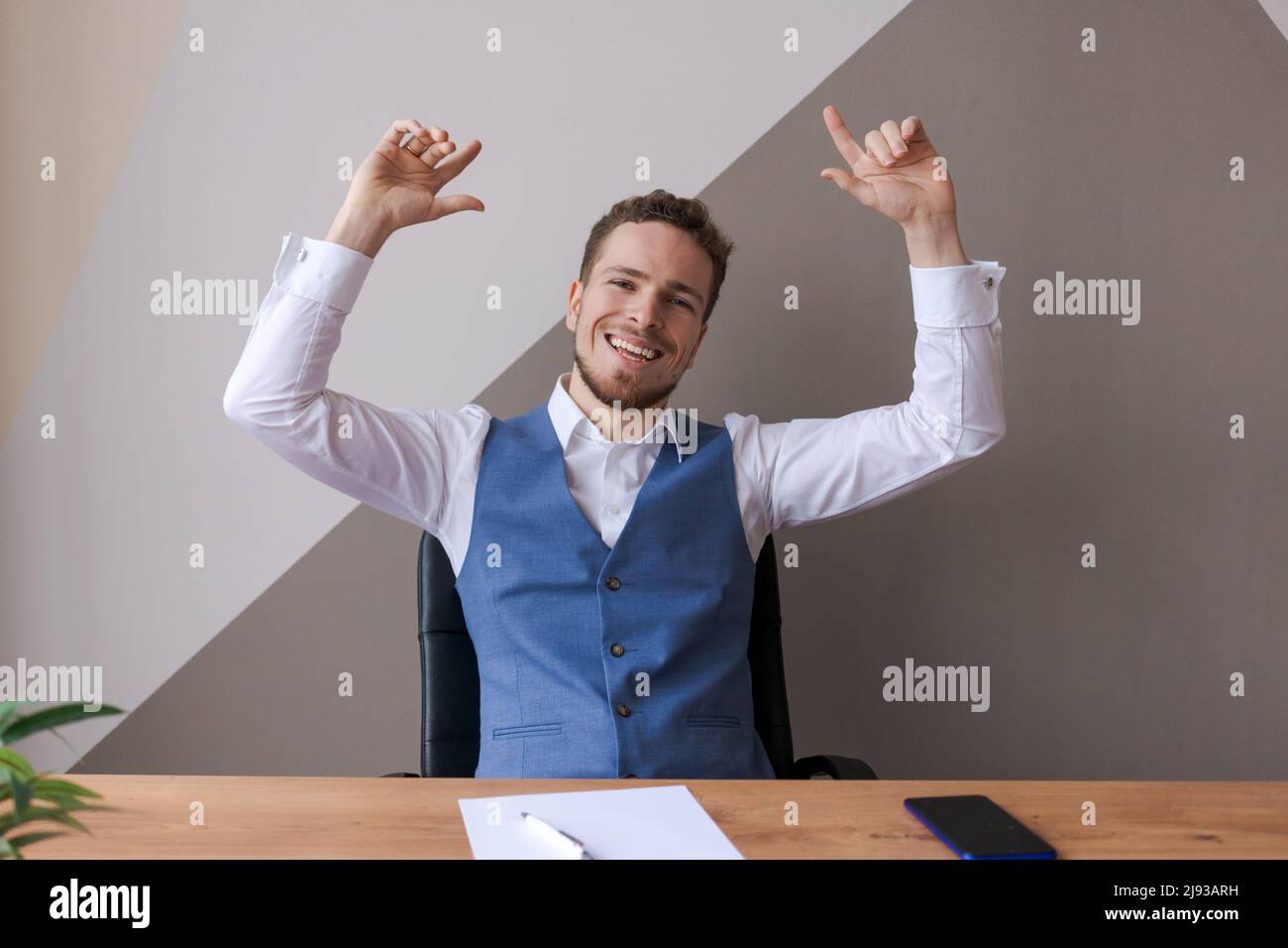 Happy businessman beard man in suit looking smiling excited with good ...