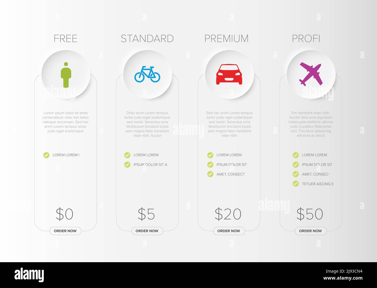 Pricing table light template with four options product subscription ...