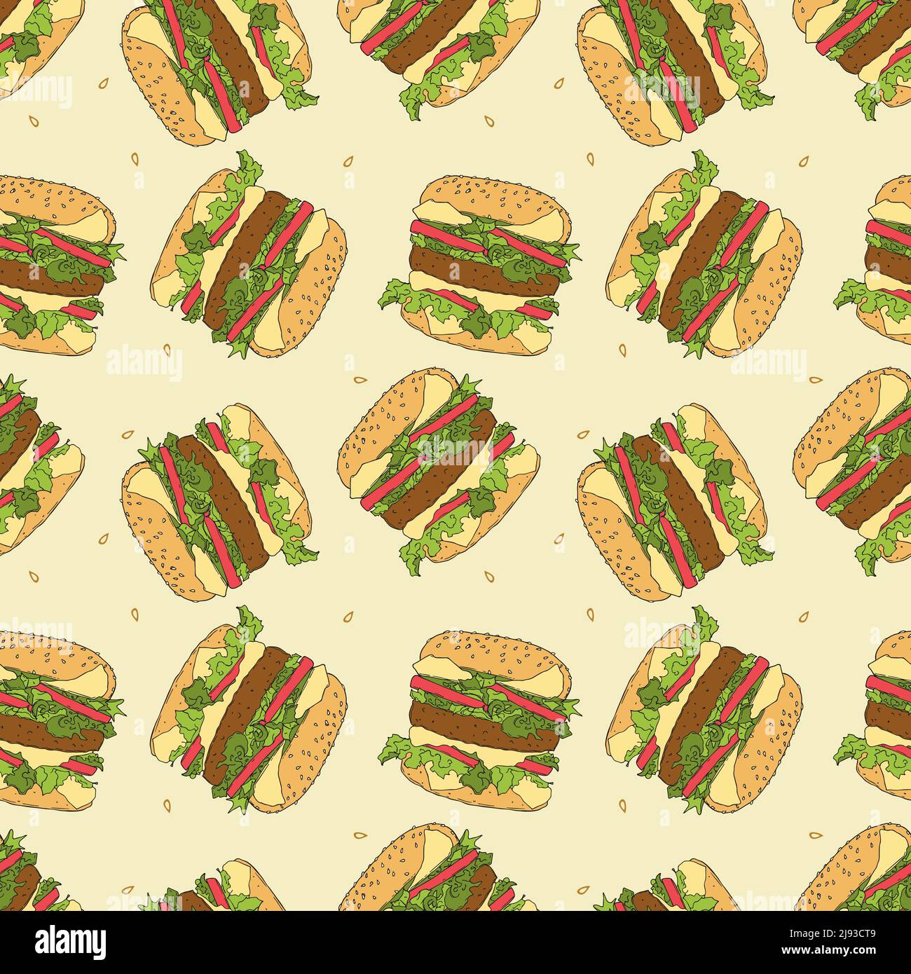 Burger hamburger pattern, doodle color hand-drawn contour drawing ...