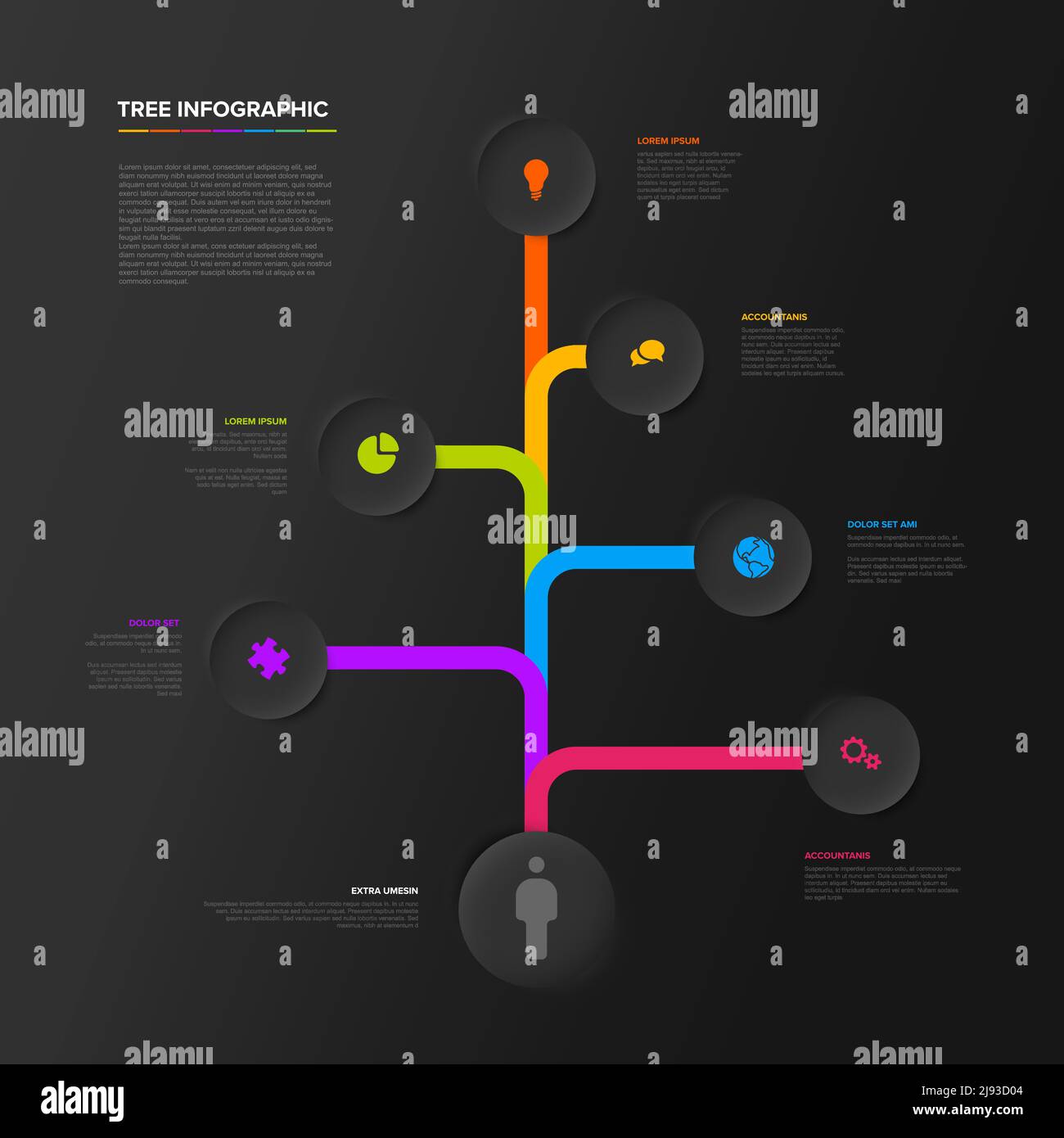 Tree infographics template with six diversity options in circles in ...