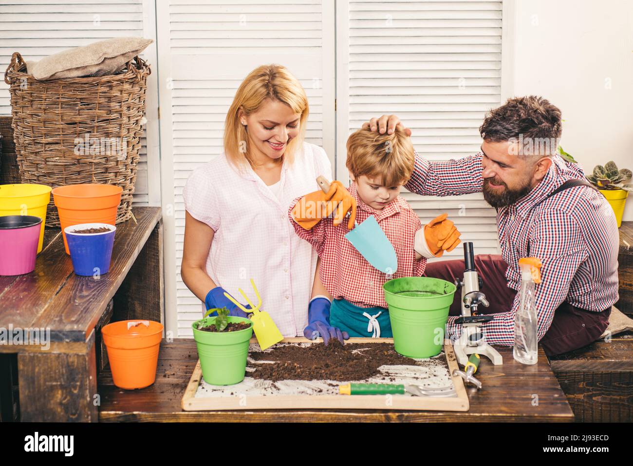 Happy family planting sprout in a plant pot. Mother father and child ...