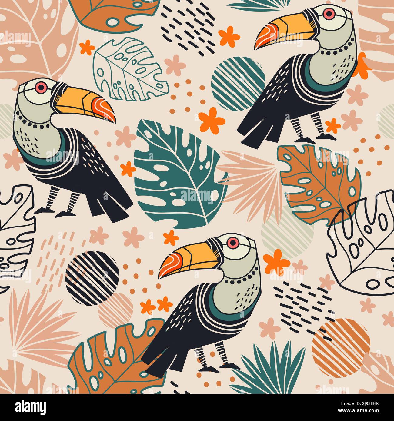 Seamless abstract tropical pattern with hand drawn plants and toucans ...