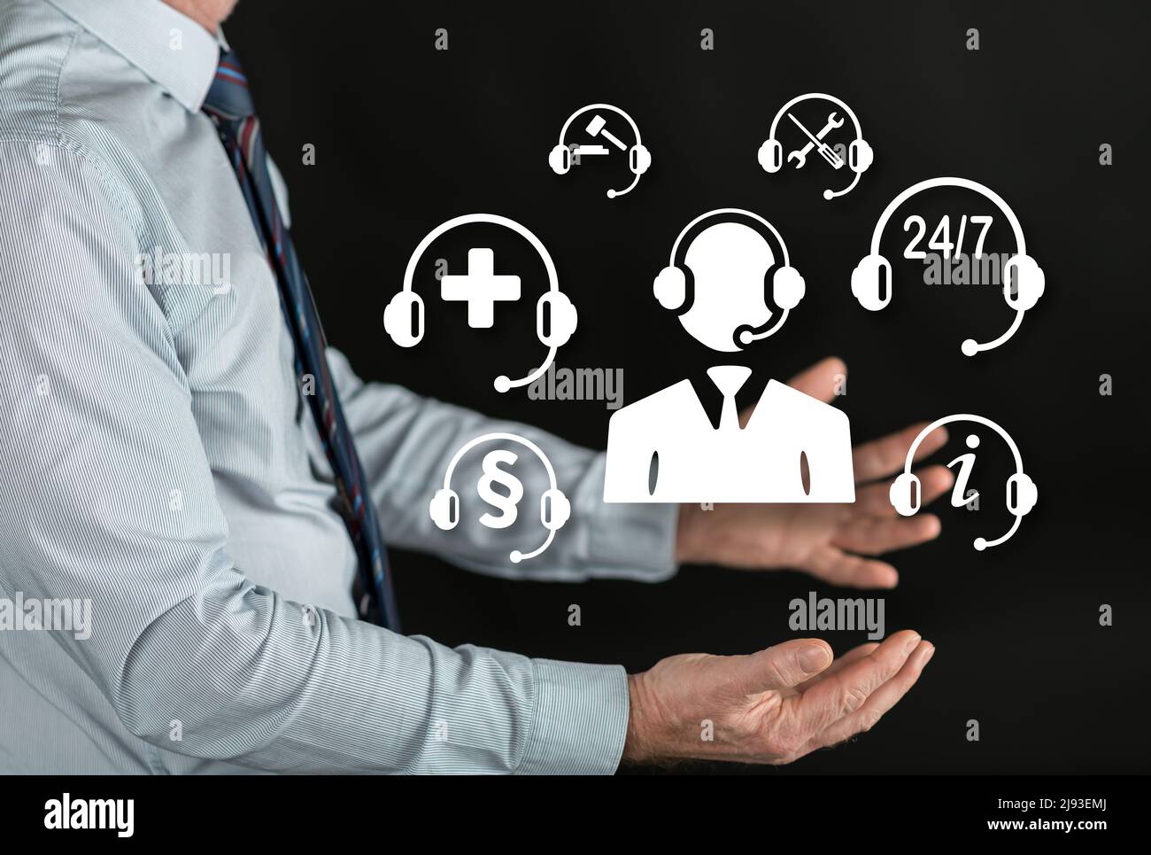 Help desk concept above the hands of a man Stock Photo - Alamy