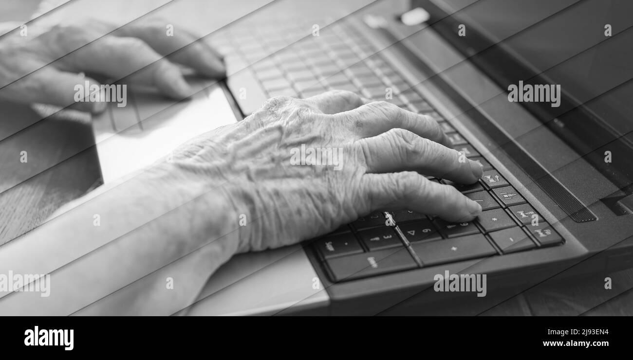 Old woman hands typing on a laptop keyboard, geometric pattern Stock ...