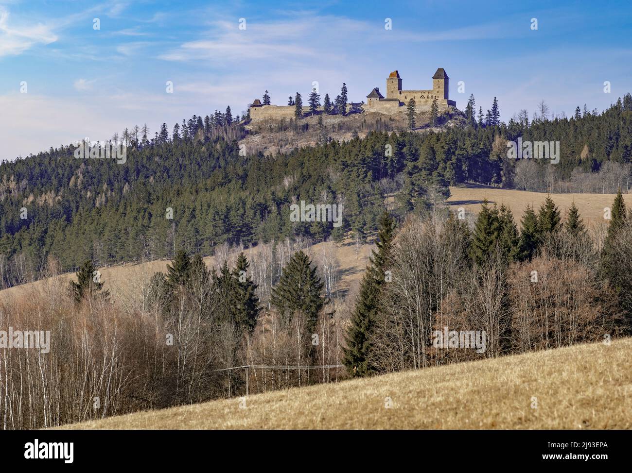 The Gothic castle Kasperk rises on a rocky peak. It is the highest ...