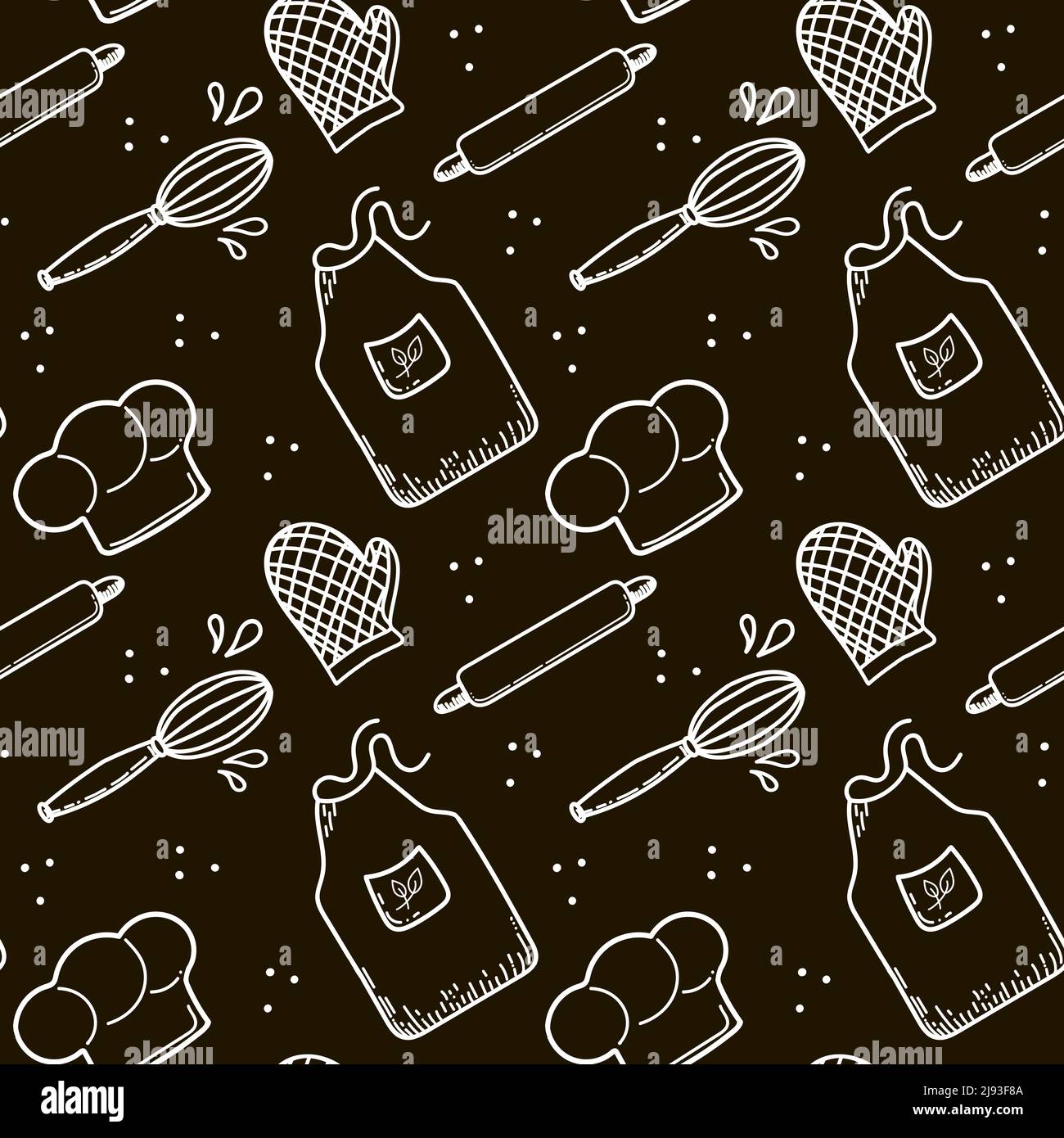 Seamless pattern of kitchen utensils. Hand-drawn vector. Cook's cap ...