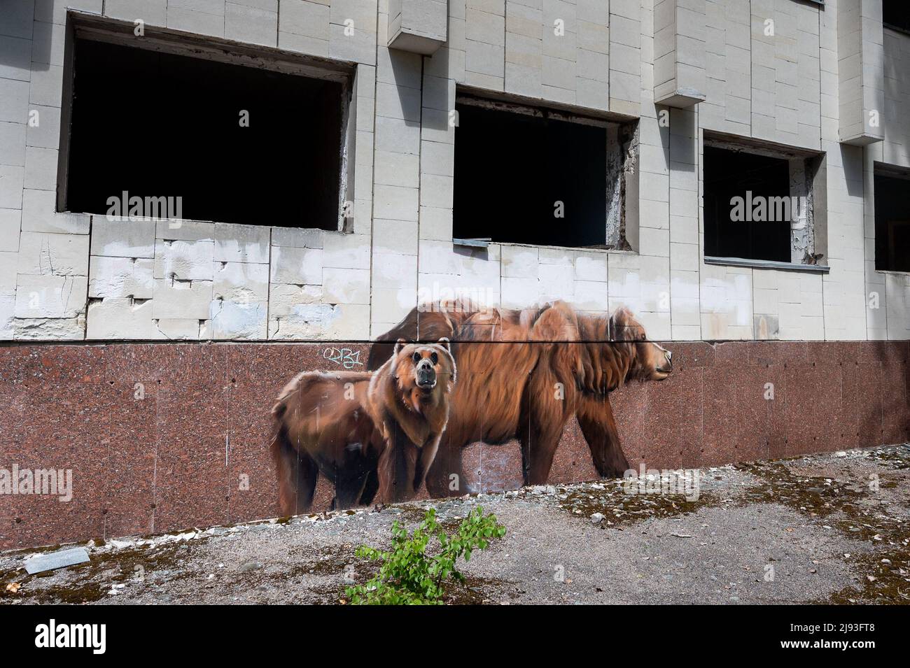 Mural of bears on a building in Prypiat abandoned as a result of the ...