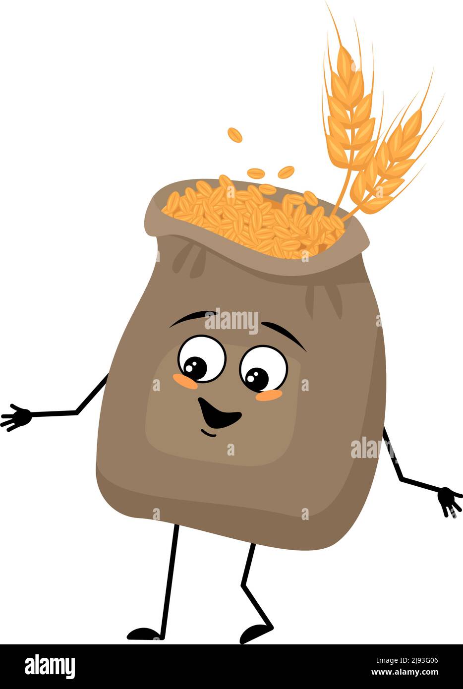 Cute sack of wheat and ear character with joyful emotions, happy face ...