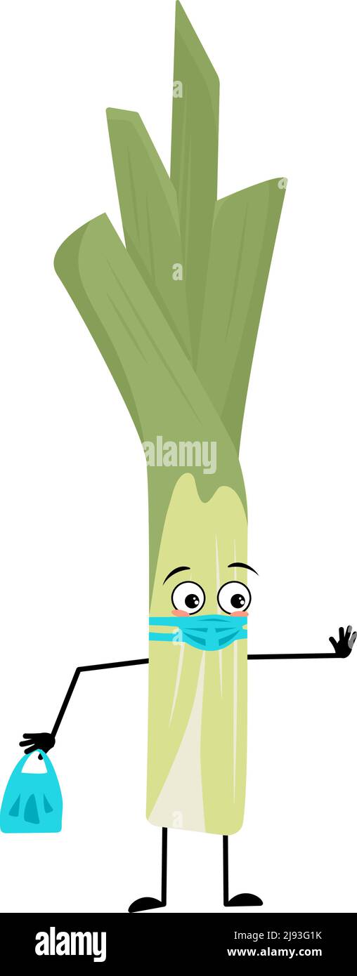 Cute green leek character with face in medical mask and keep distance ...