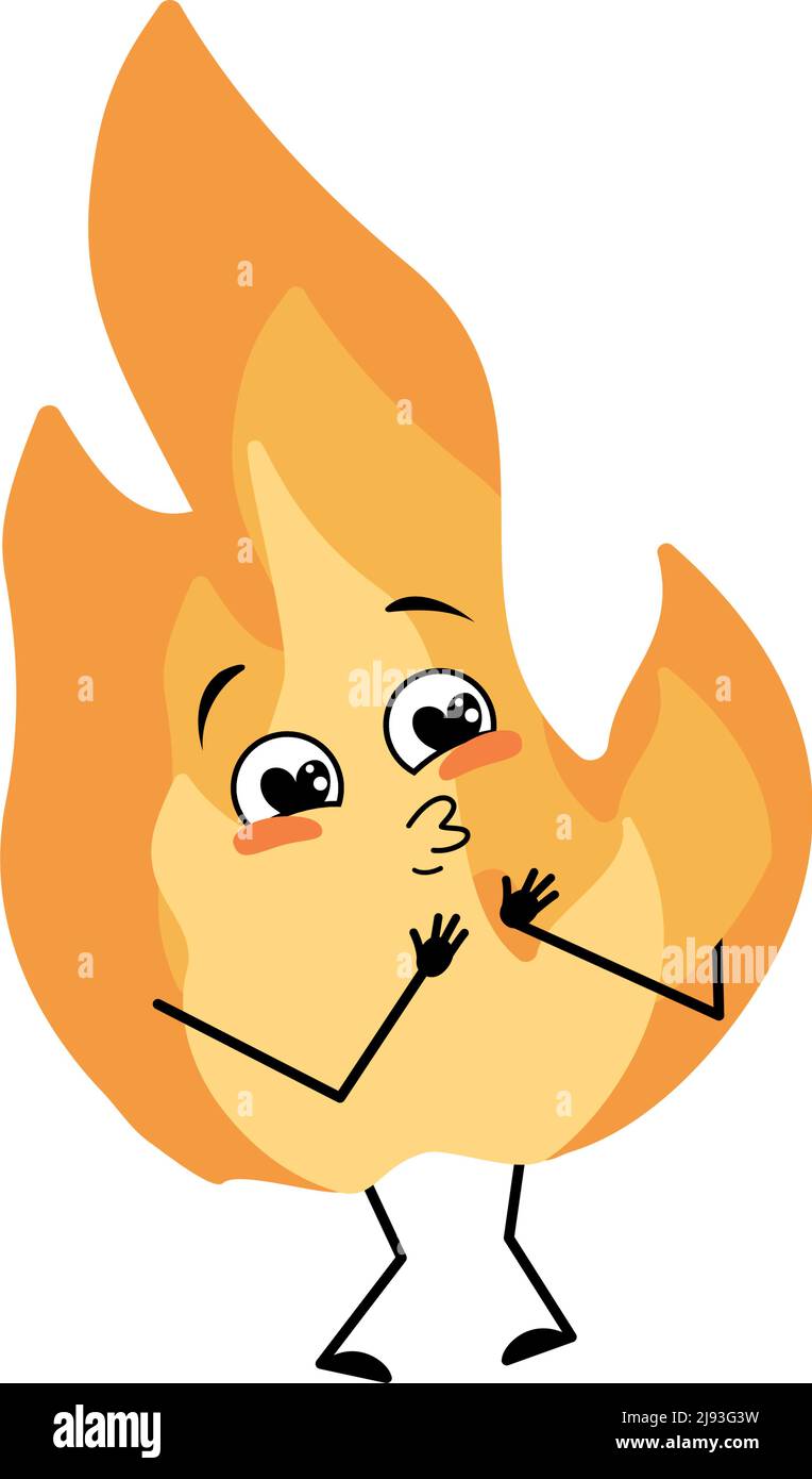 Cute flame character with love emotions, smile face, arms and legs ...