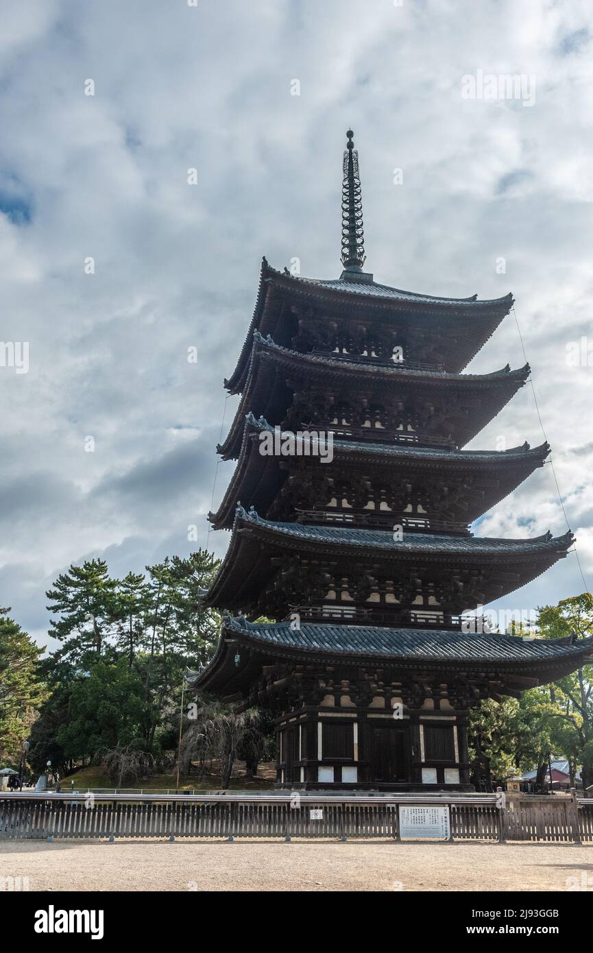 Nara, Japan - January 5, 2020. Wide angle shot of the Kōfuku-ji ...