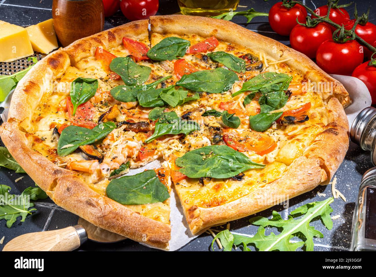 Pizza with mussels, shrimps, fish. Classic Italian pizza with seafood ...