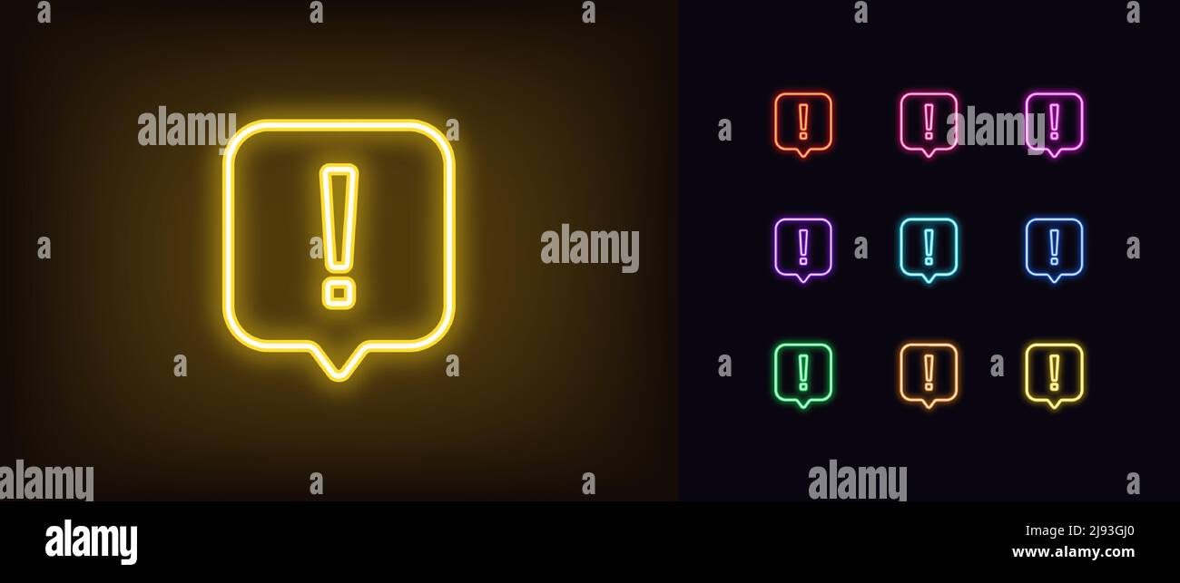 Outline neon exclamation bubble icon. Glowing neon exclamation mark in ...