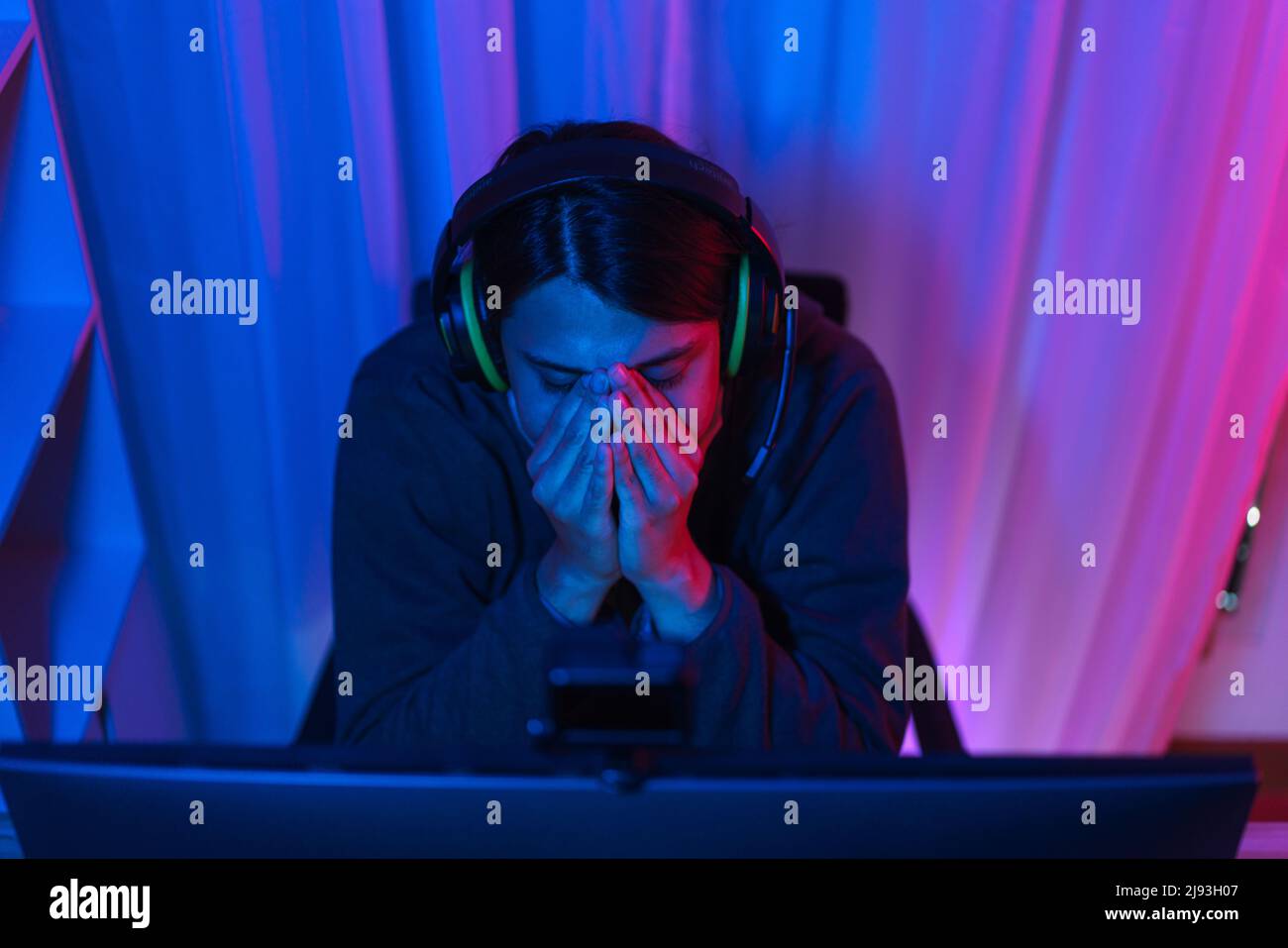 Game stream concept, Male streamer feeling stressed after live ...