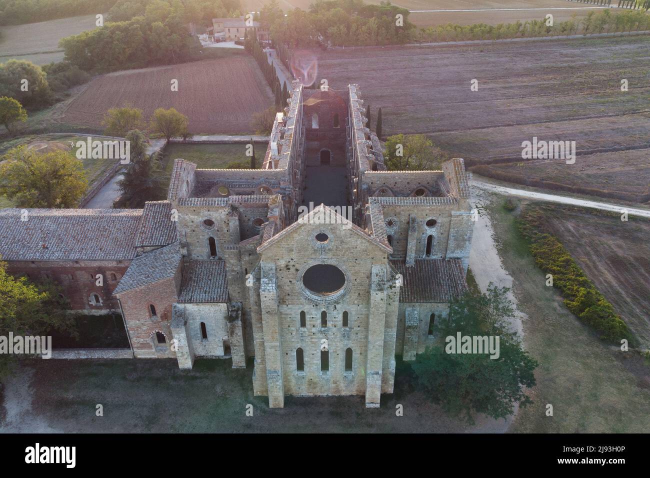 Top view of a historic roofless building in the shape of a cross in ...