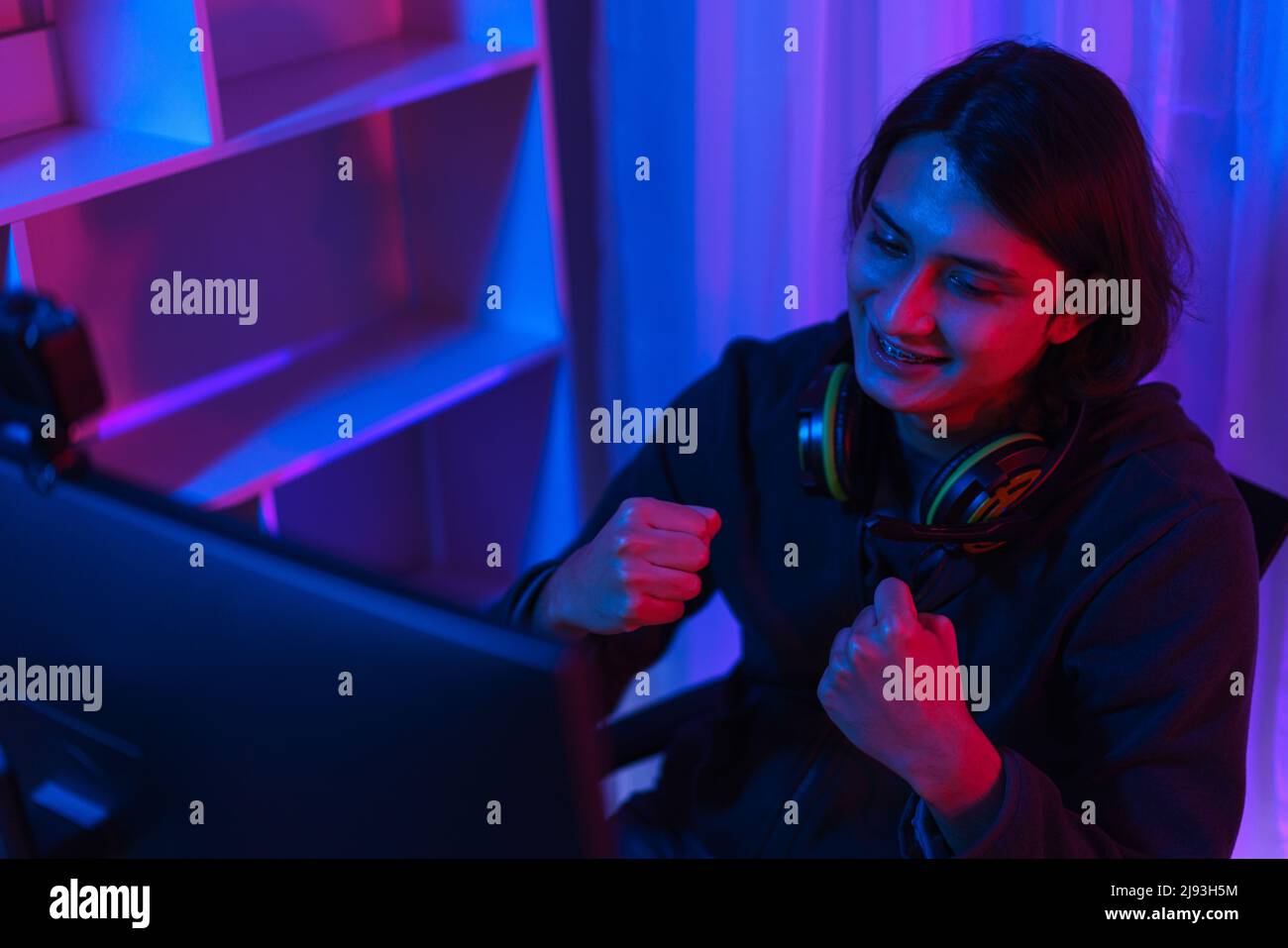 Gamer stream concept, Male streamer having happiness after live ...