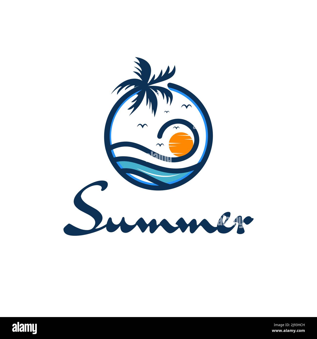 Logo design illustration of beach waves and coconut trees, sunset ...