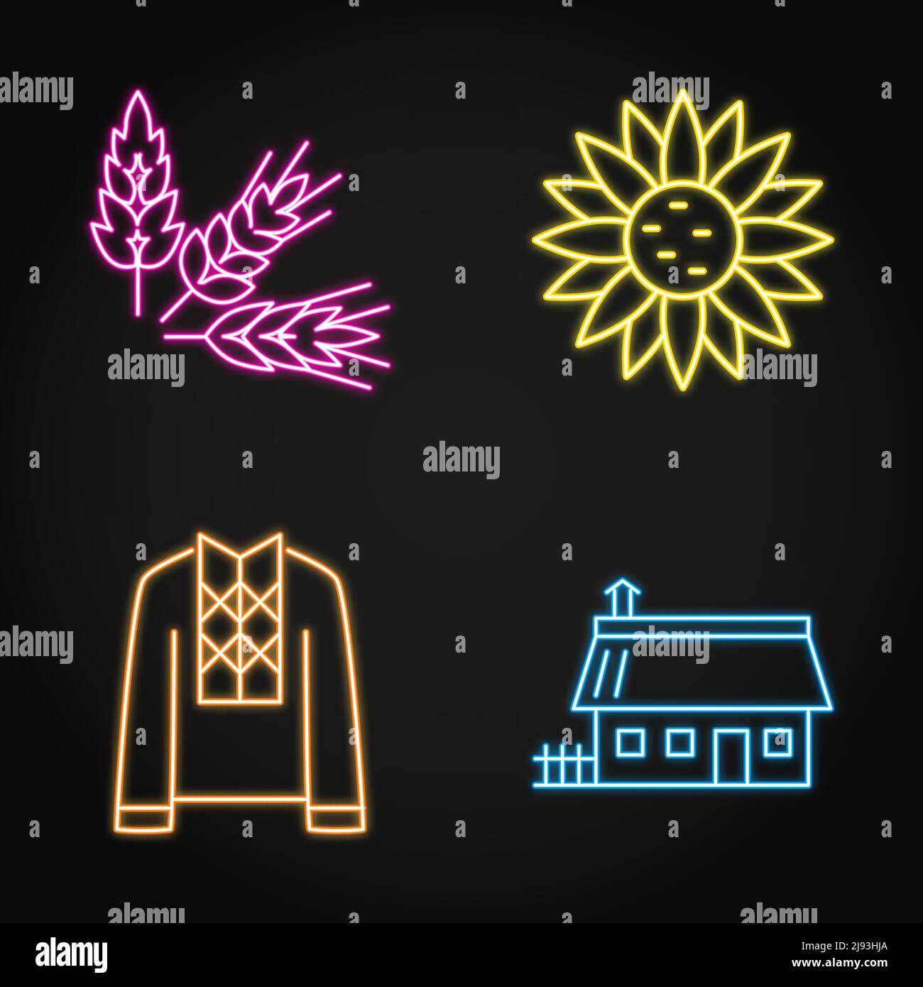 Neon Ukraine traditional symbols icon set. Embroidered shirt, sunflower ...