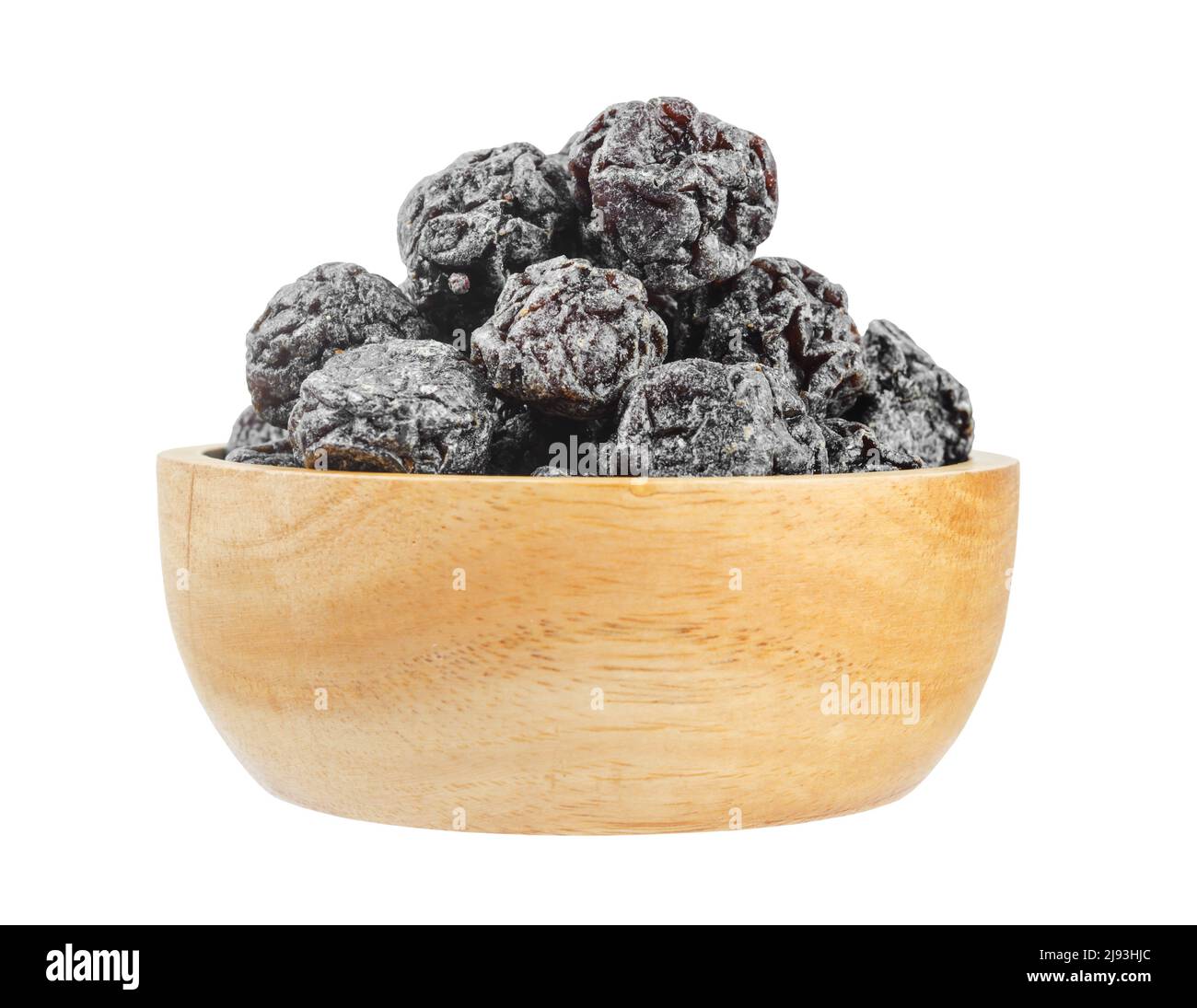 The Salted Black plum in wooden bowl isolated on white background, save ...