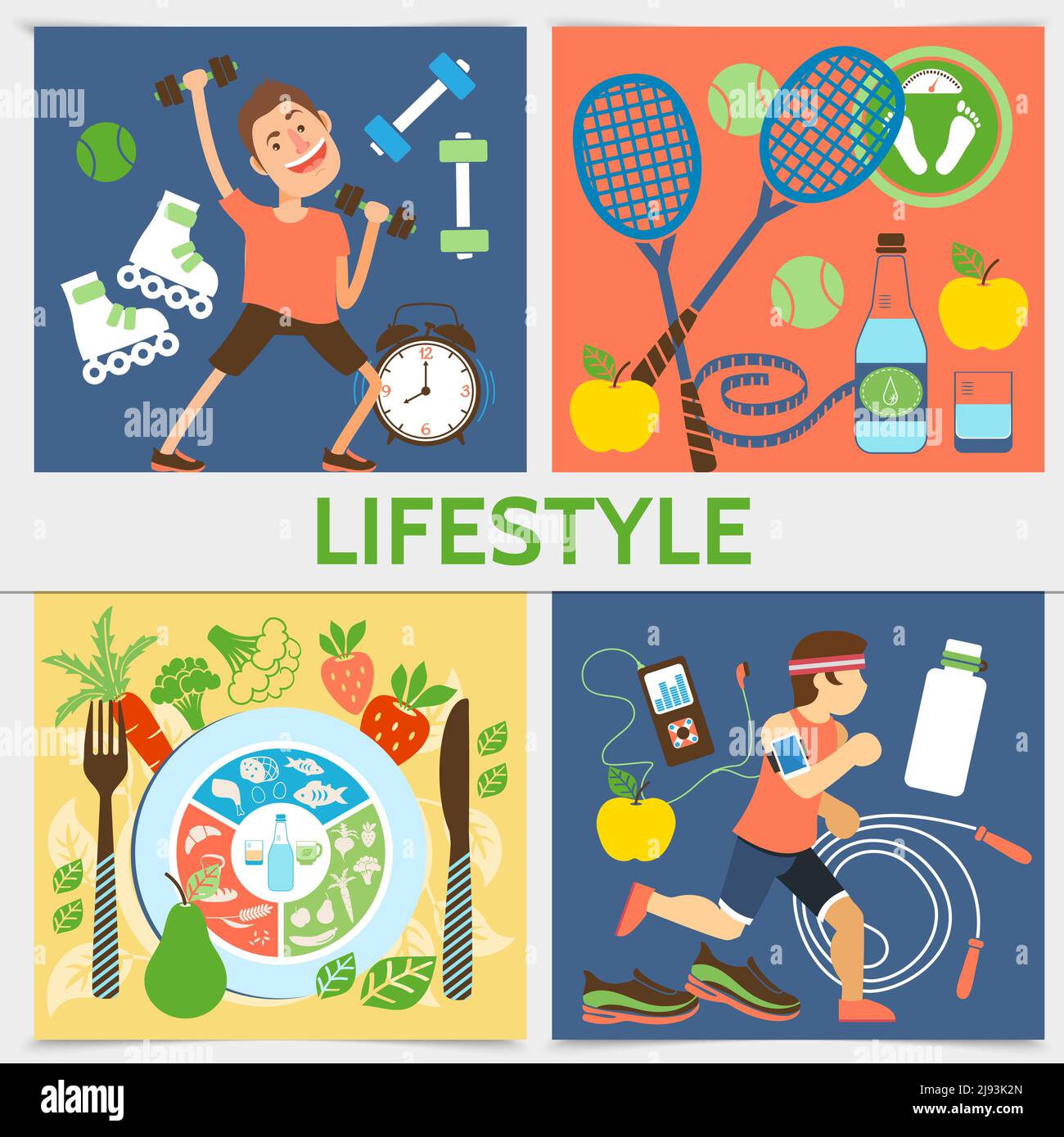 Flat active lifestyle square concept with fitness people sport ...